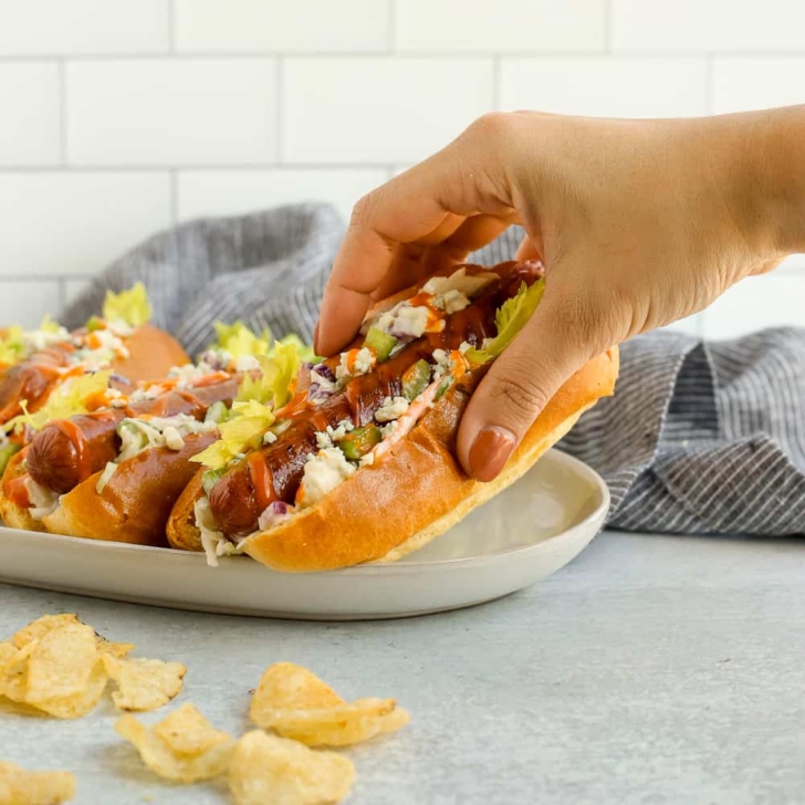 Spicy Buffalo Hot Dogs with Blue Cheese Slaw, Plus Hot Dog Bar Ideas