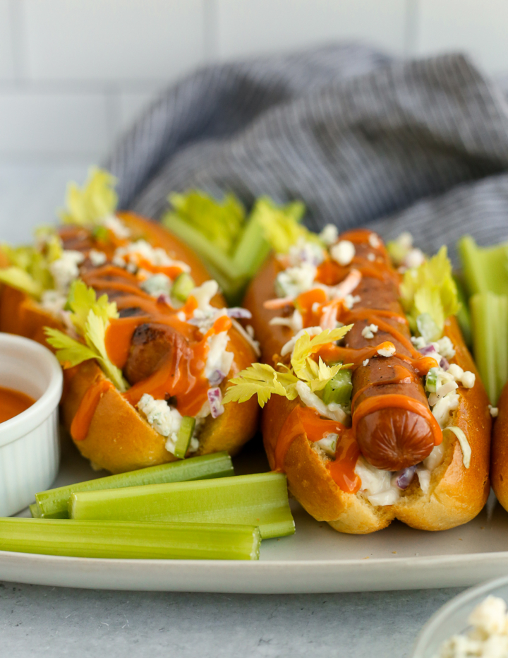 Spicy Buffalo Hot Dogs with Blue Cheese Slaw, Plus Hot Dog Bar Ideas