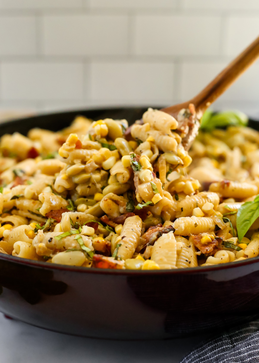 Creamy Corn Pasta Recipe with Bacon, Basil, and Butter Beans